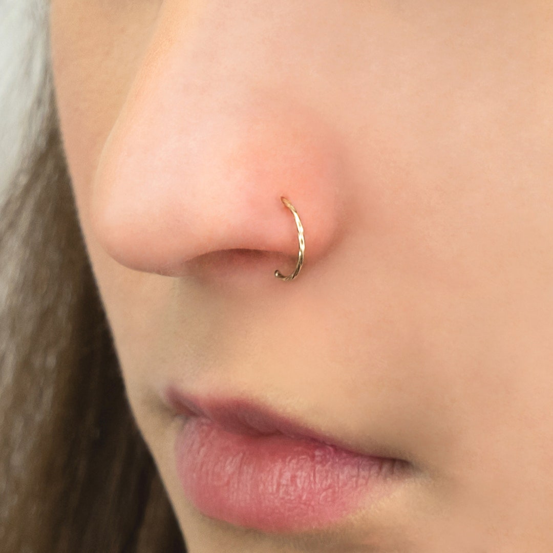 Gauge 20 (0.8MM) | Solid 14K Gold Diamond Cut Thin Hoop Nose Ring, Nose ...
