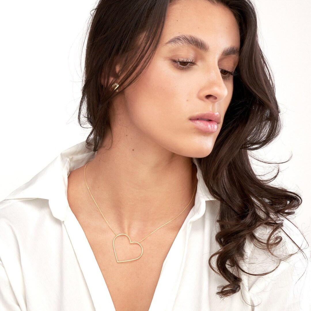 Solid 14K Yellow Gold Slanted Oversized Wire Heart Adjustable Necklace ...