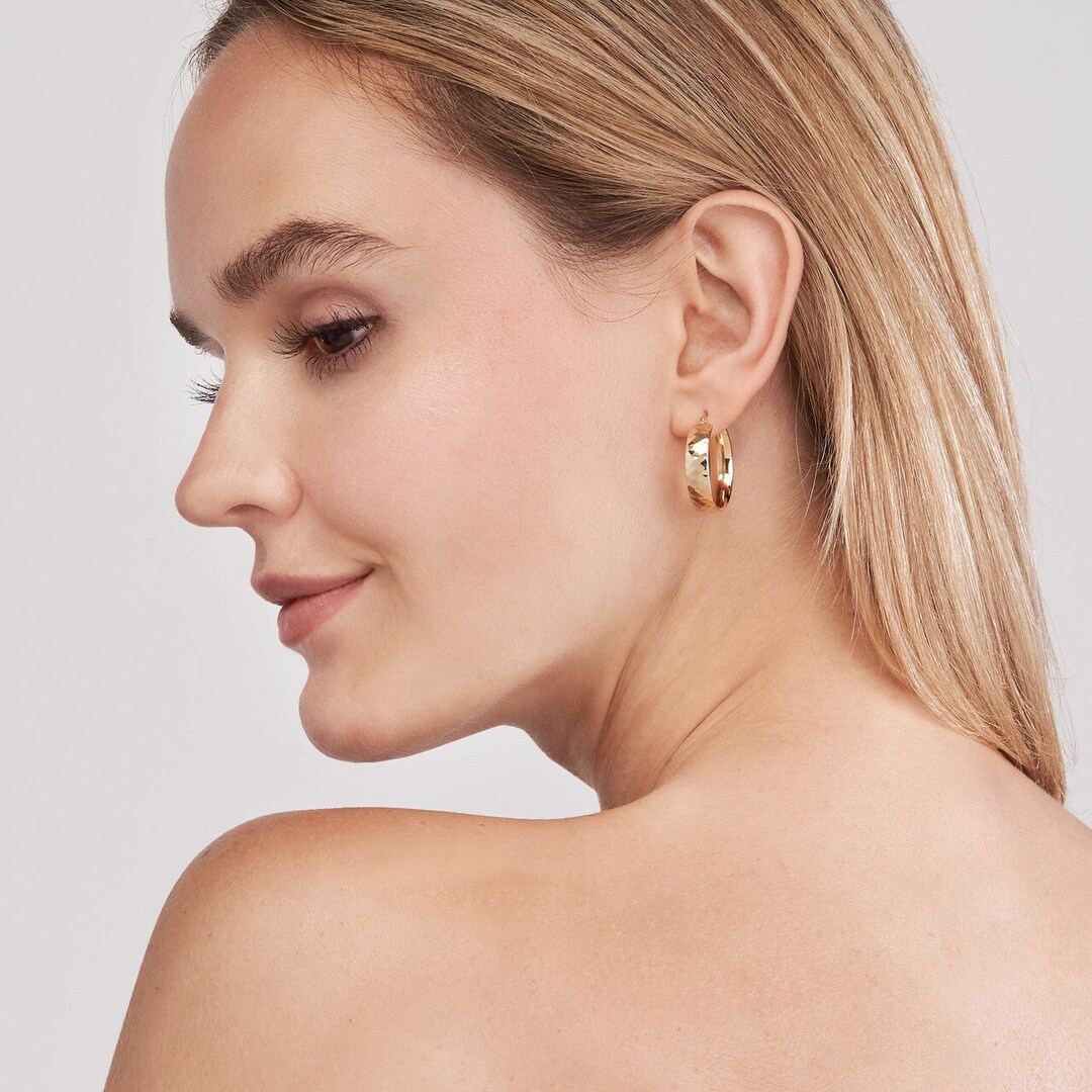 Solid Yellow Gold D/C Pattern Round Hoop Earrings for Women - Real 14K, 6MM Thick, 20MM Diameter ...