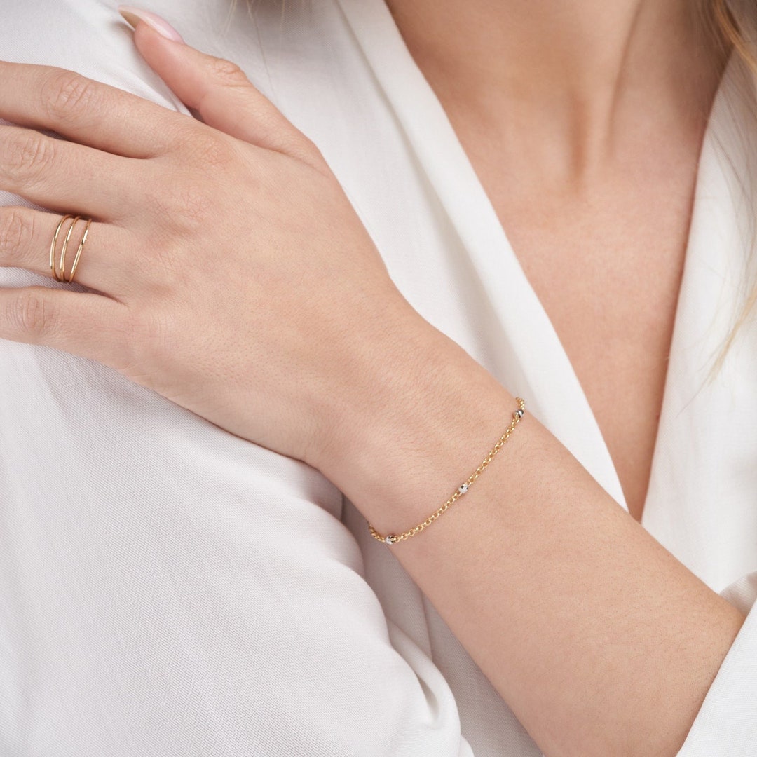 Solid 14K Gold Two-tone Disco Bead Rolo Chain Adjustable Bracelet 1 ...