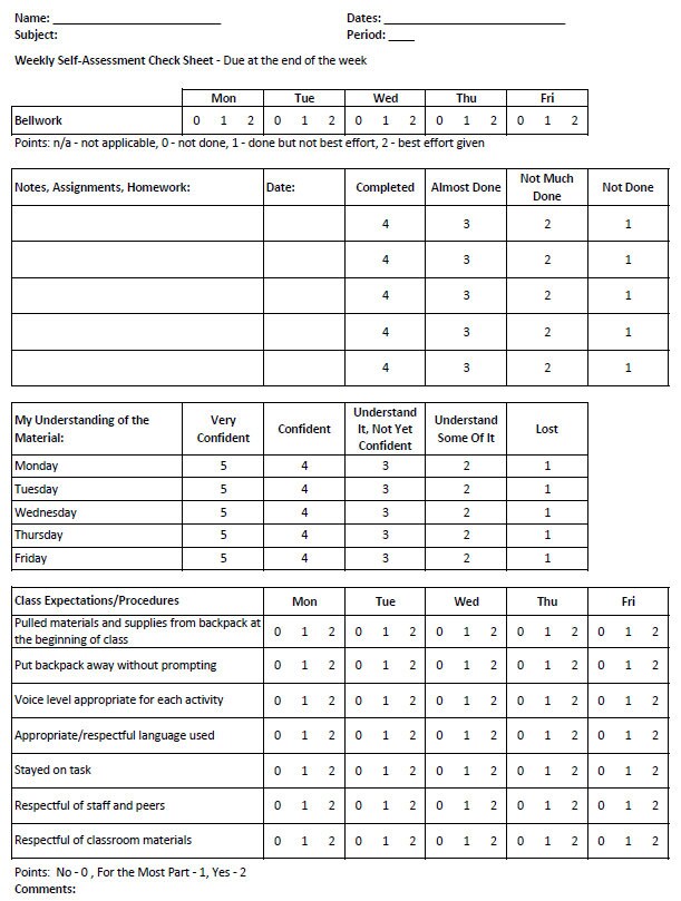 Teacher Planning Weekly Self-Assessment Form for Students | Etsy