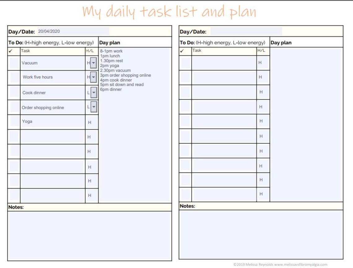 Day Planner for Chronic Pain and Fatigue Using Pacing Principles ...