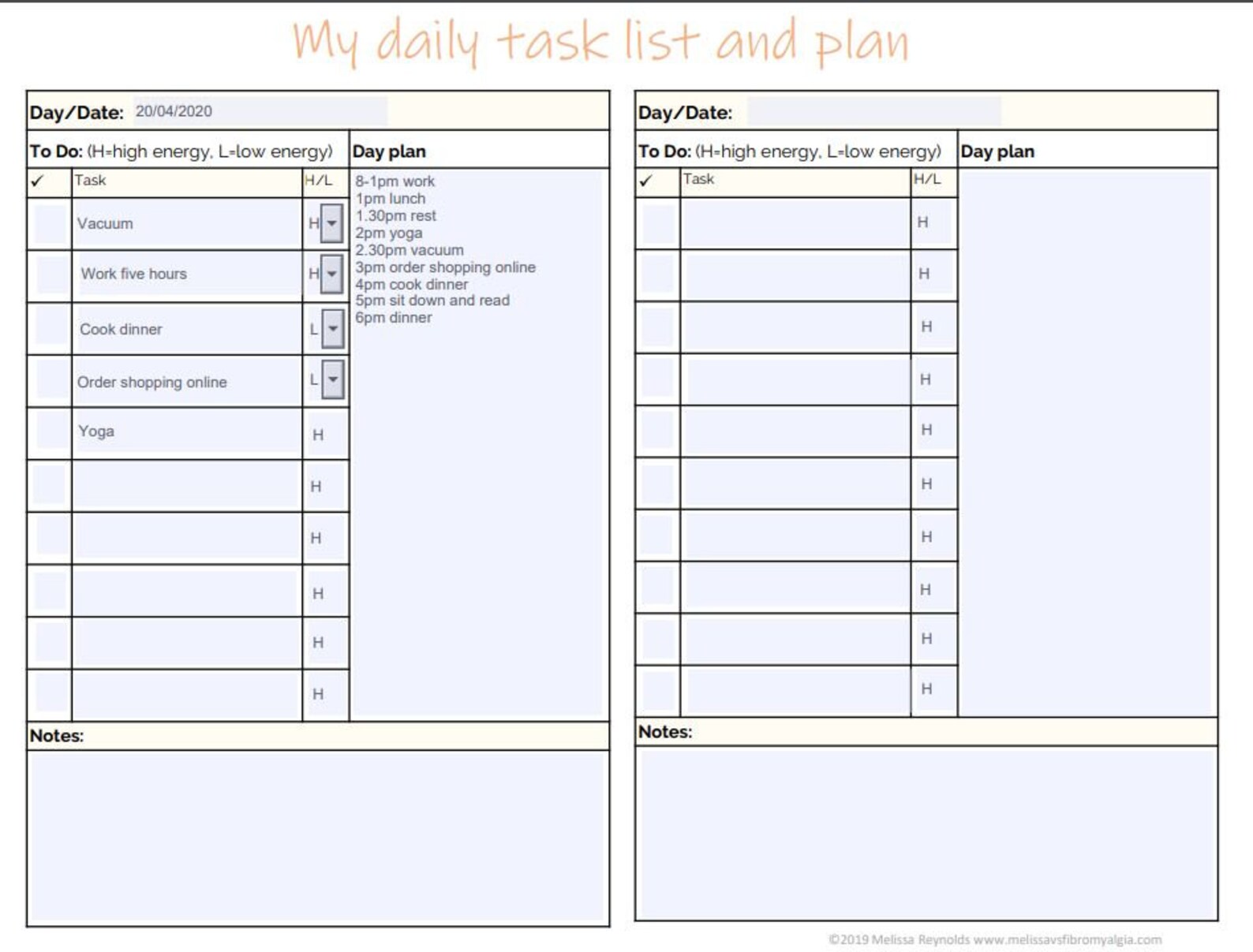 Day Planner for Chronic Pain and Fatigue Using Pacing Principles ...