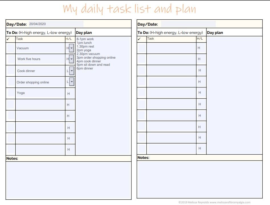Day Planner for Chronic Pain and Fatigue Using Pacing Principles ...