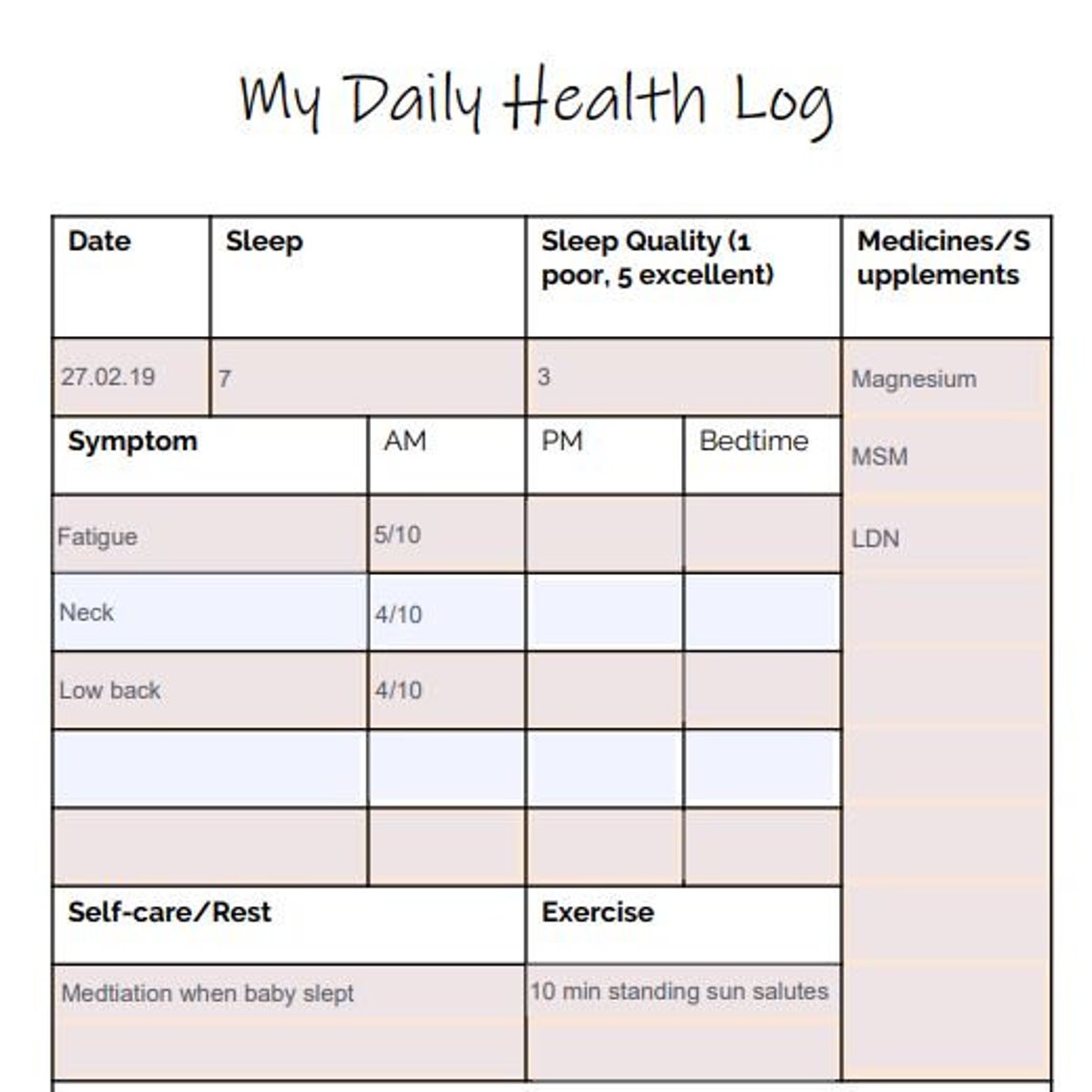 My Daily Health Log Chronic Illness Daily Symptom Tracker - Etsy New ...