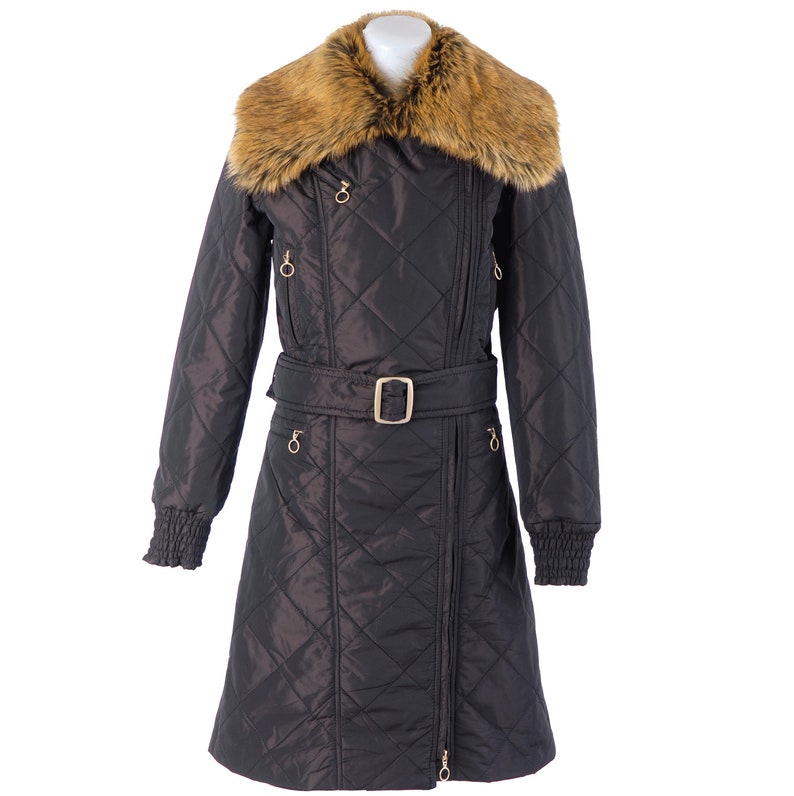 Black Quilted Padded Raccoon Collar Extravagant Long Biker Jacket ...