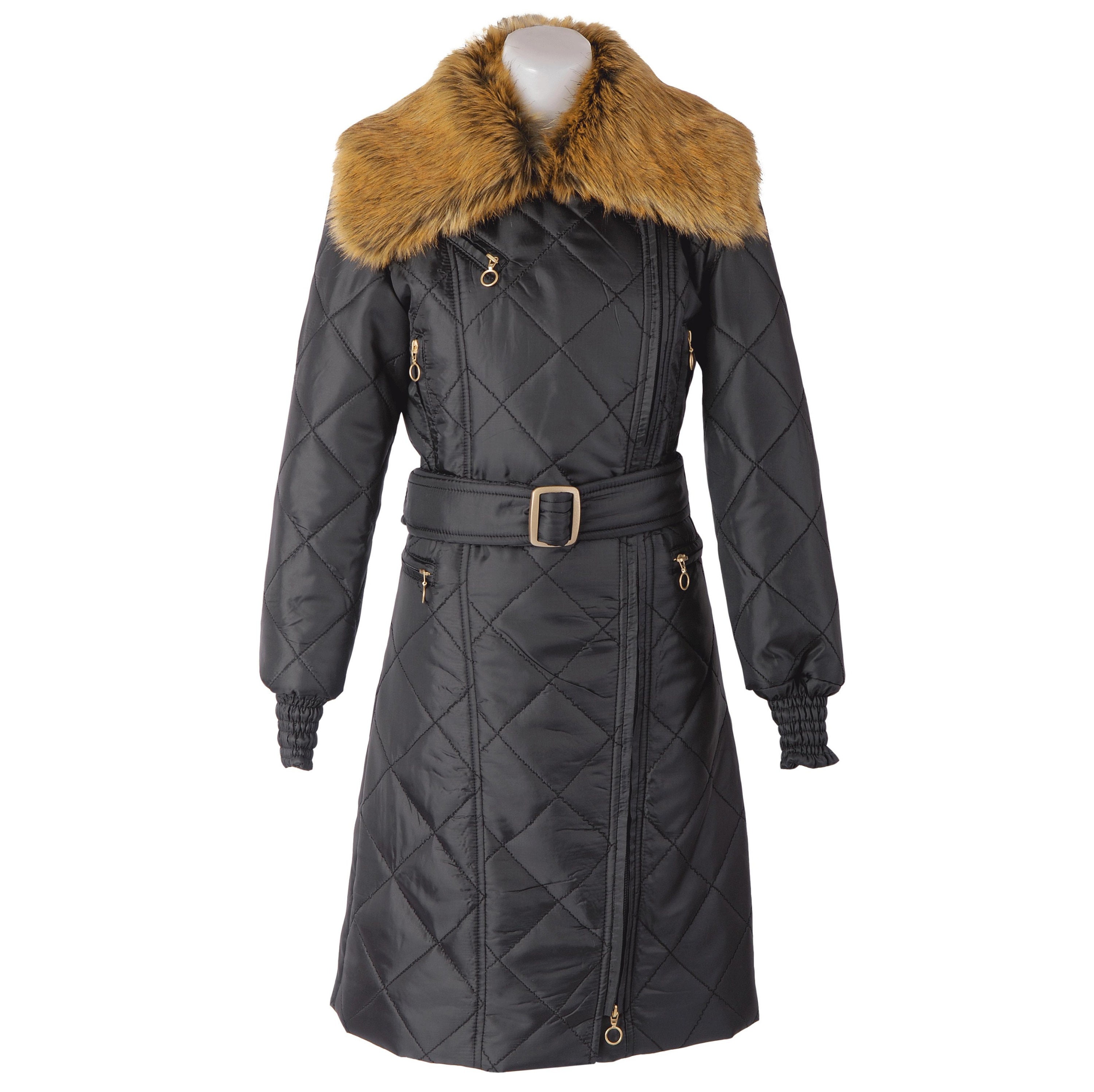 Black Quilted Padded Raccoon Collar Extravagant Long Biker Jacket ...