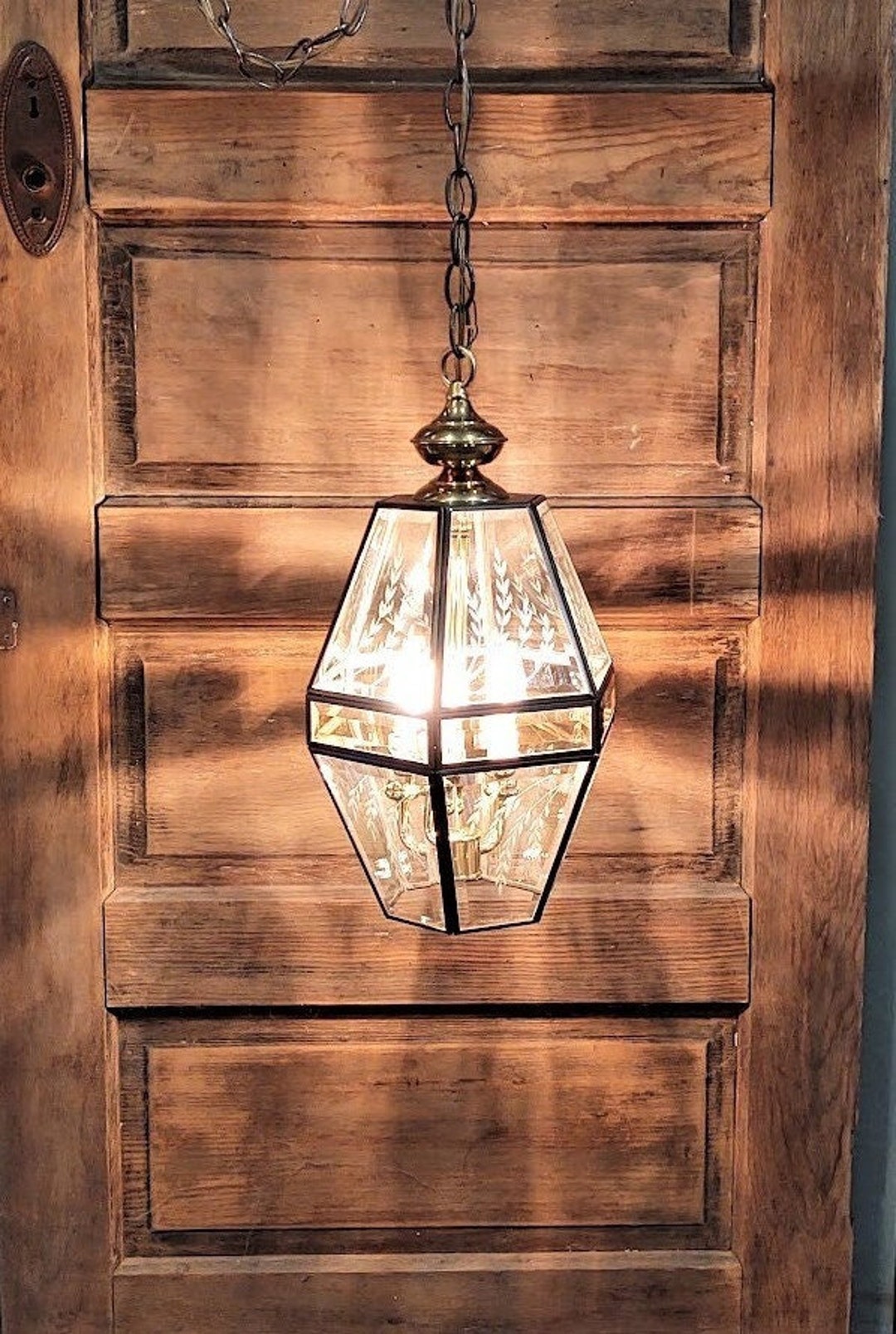 Vintage Mid Century Modern Pendent Light - Clear and Amber Beveled ...