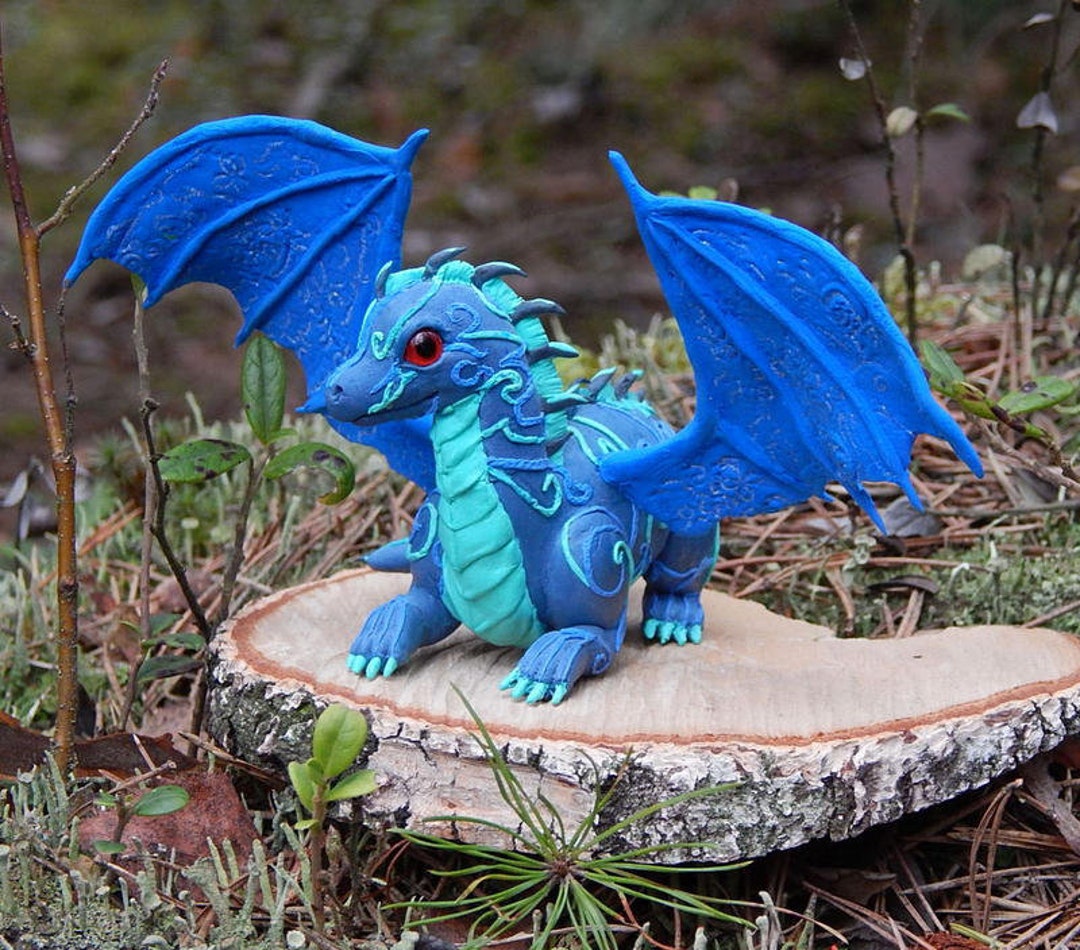 Blue Dragon Figure Sculpture, Blue Dragon Handmade of Clay, Fantasy ...