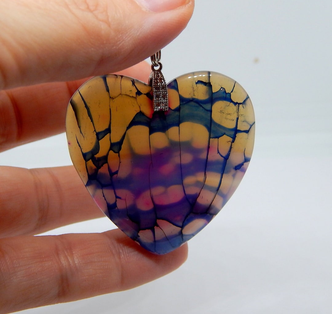 Blue Yellow Dragon Veins Agate Natural Blue Heart Agate Jade Pendant ...