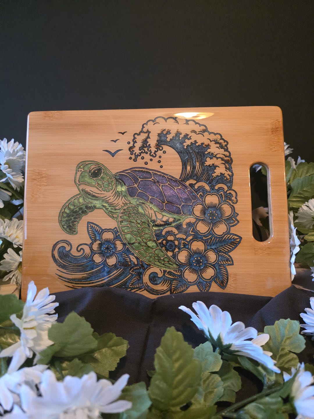 Sea Turtle Bamboo Cutting Board: Engraved Ocean Waves & Floral Design ...