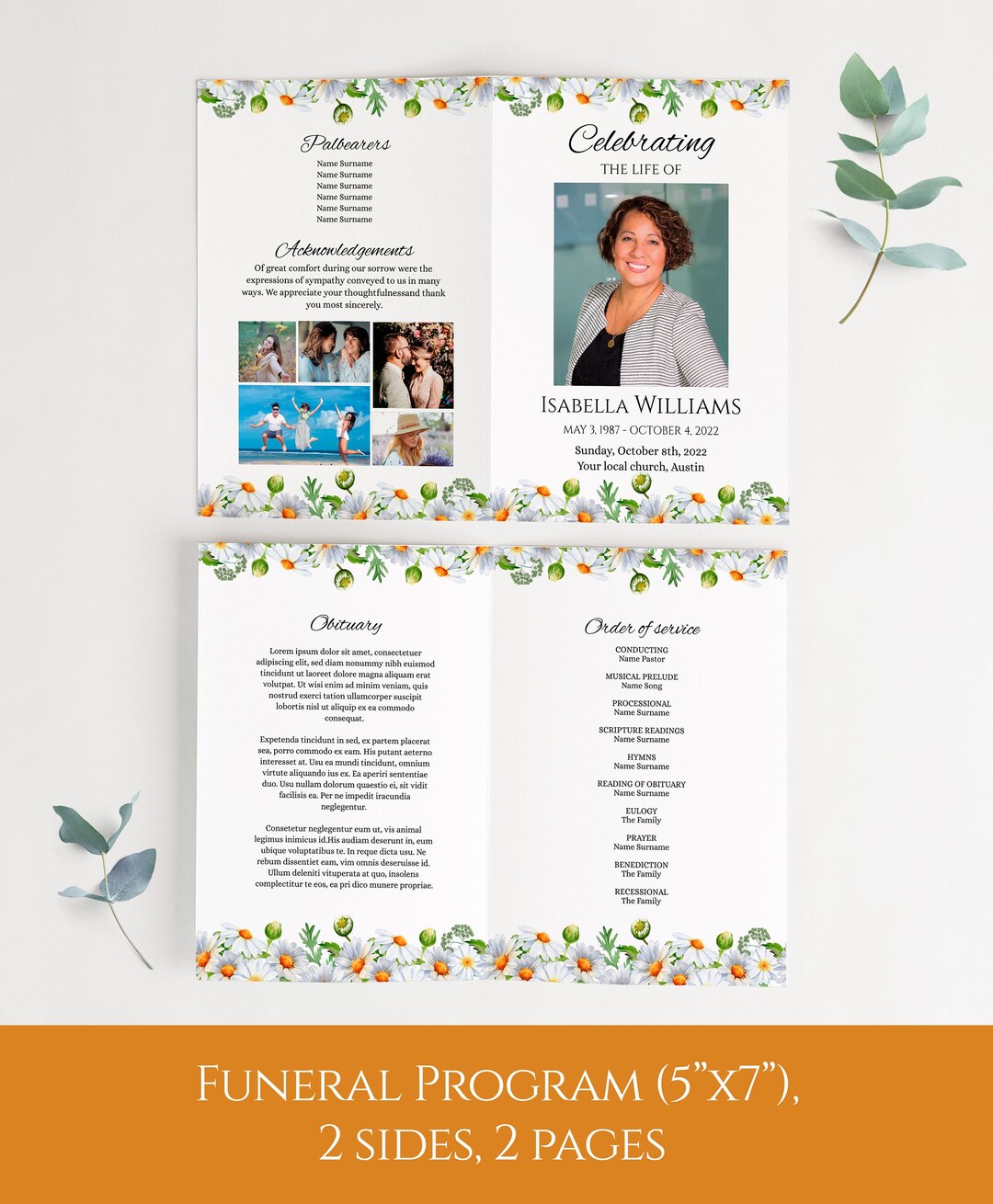 Editable Daisies Funeral Program. Editable Funeral Template Celebration ...