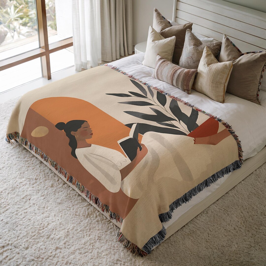 Woman Reading Woven Wall Tapestry, Minimalist Female Illustration Wall ...