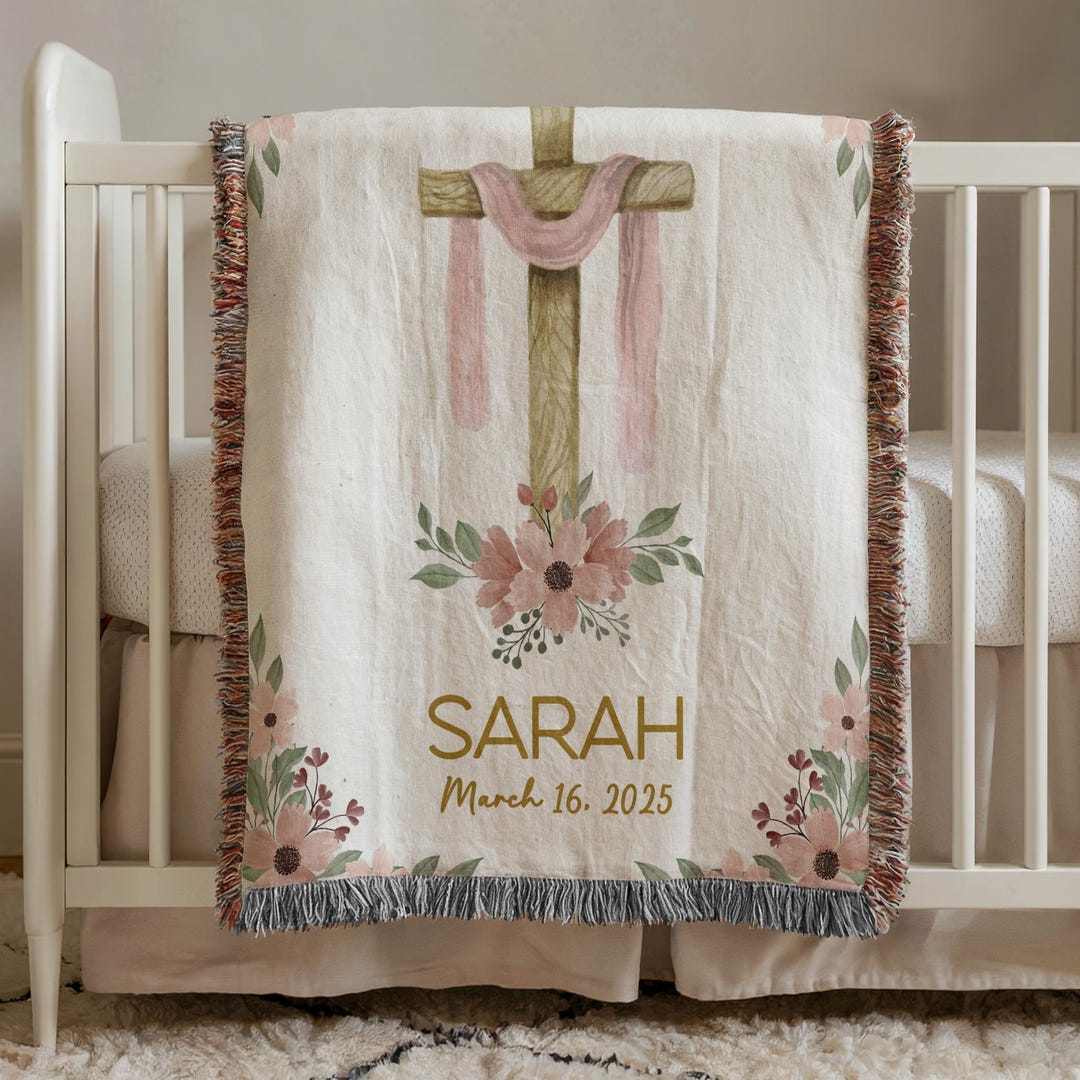Personalized Baptism Blanket for Baby Girl, Woven Floral Cross ...