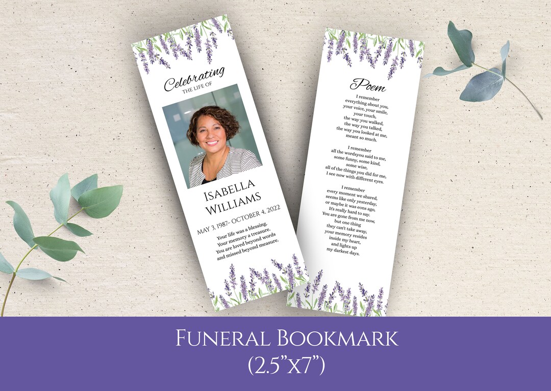 Editable Lavender Bookmark. Editable Memorial Template, Celebration of ...
