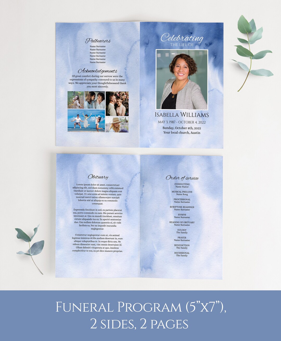 Editable Blue Ombre Funeral Program. Editable Funeral Template ...