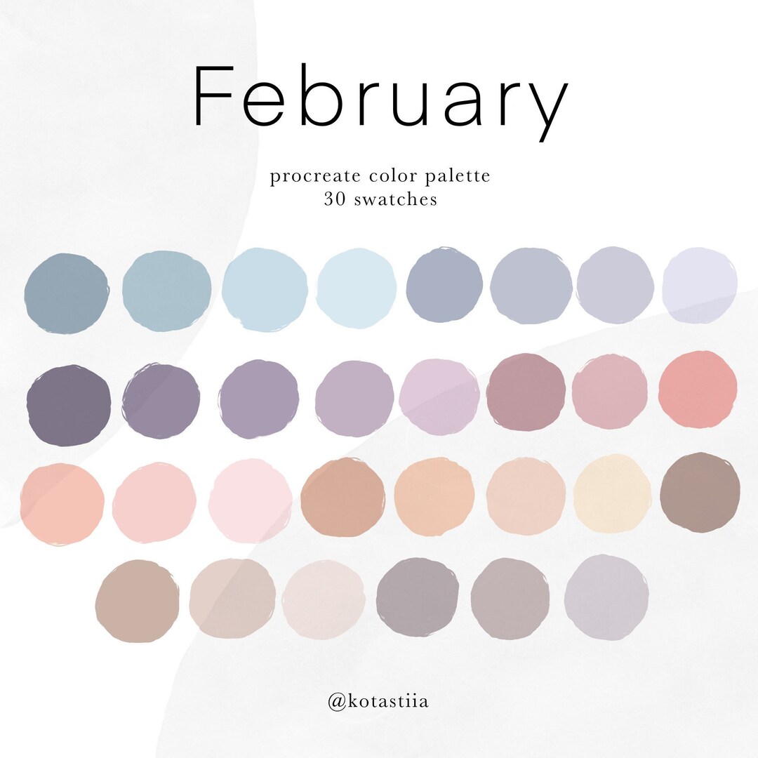 February, Pastel Color Palette for Procreate, 30 Swatches, Seasonal ...