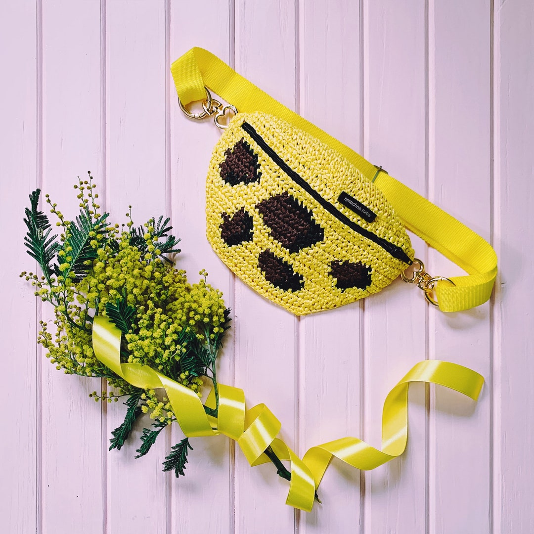 Yellow Fanny Pack With Animal Print, Belt Bag, Crochet Bag From Raffia ...
