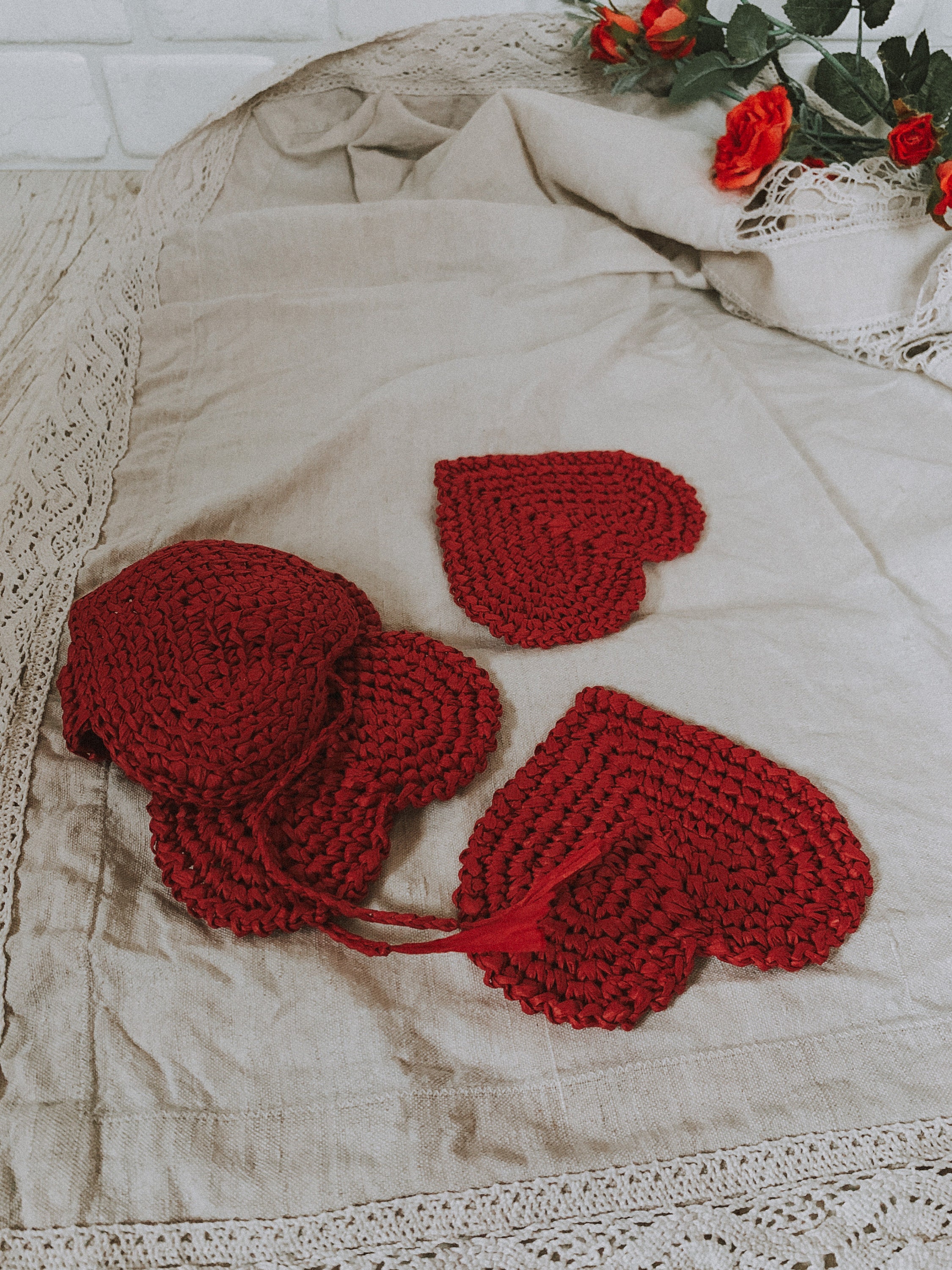 Red coaster heart set 3 Valentines gift in box fall table | Etsy