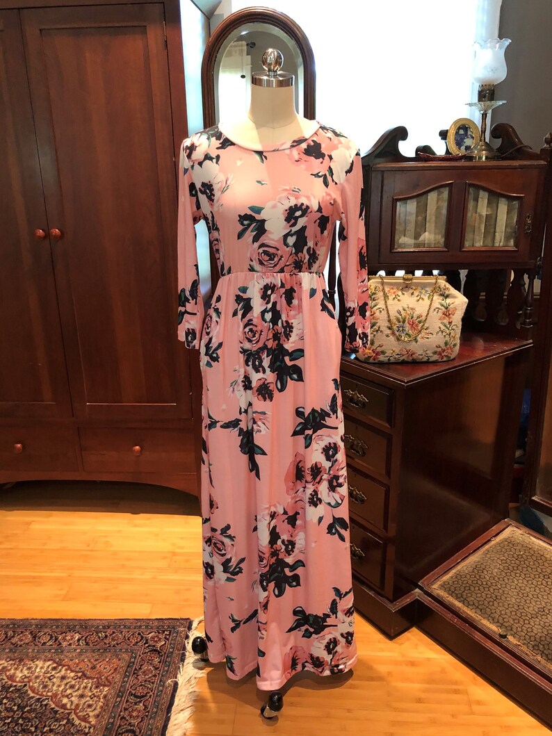 80's PINK Floral Maxi/80’s Floral Dresses/vintage Flower Print Maxi ...