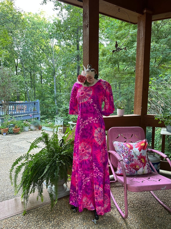 60's PURPLE BARKCLOTH MUMU/Ui-Maikai Floral Dress/60'… - Gem