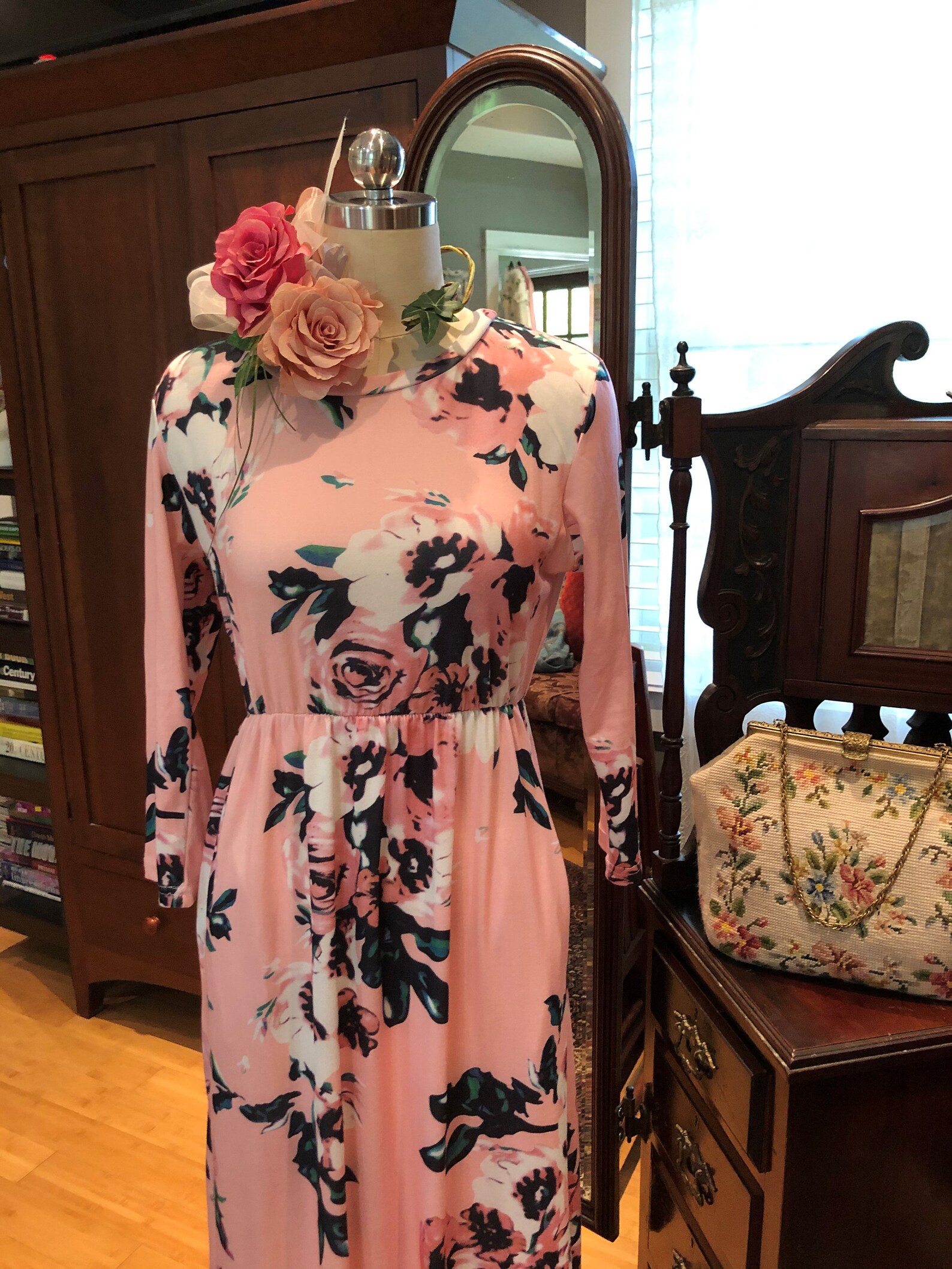 80's PINK Floral Maxi/80’s Floral Dresses/vintage Flower Print Maxi ...