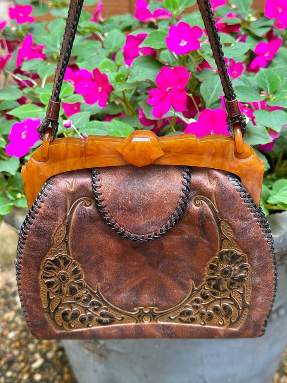 RARE ANTIQUE 1910's HANDBAG/Antique Leather Bag/Art N… - Gem