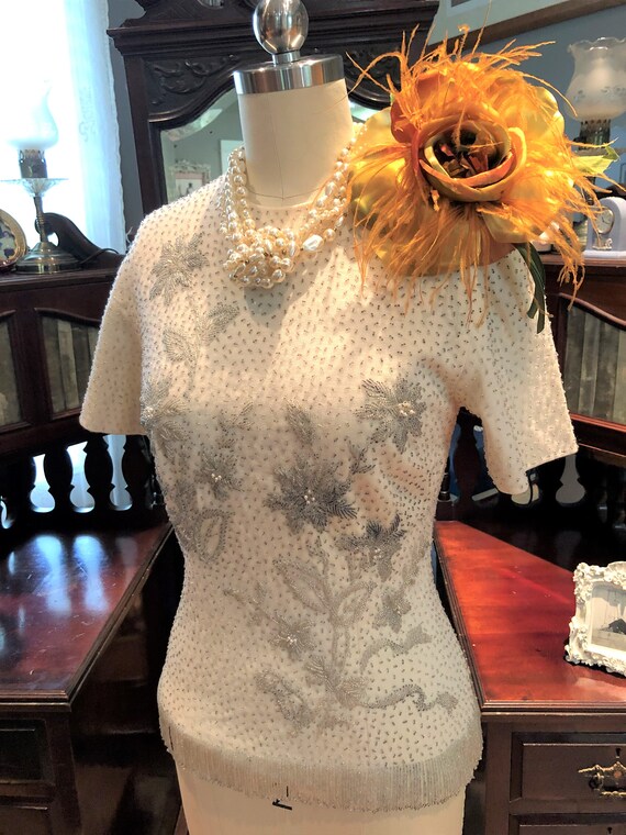 RARE 60's Hand Finished Beaded Top/Floral Beaded Top/… - Gem