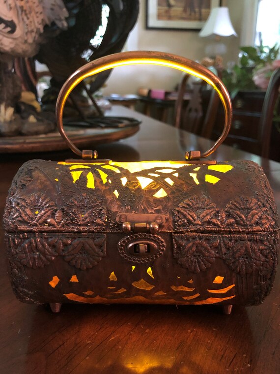 RARE WALBORG Amber Lucite and Copper Handbag/Lucite H… - Gem