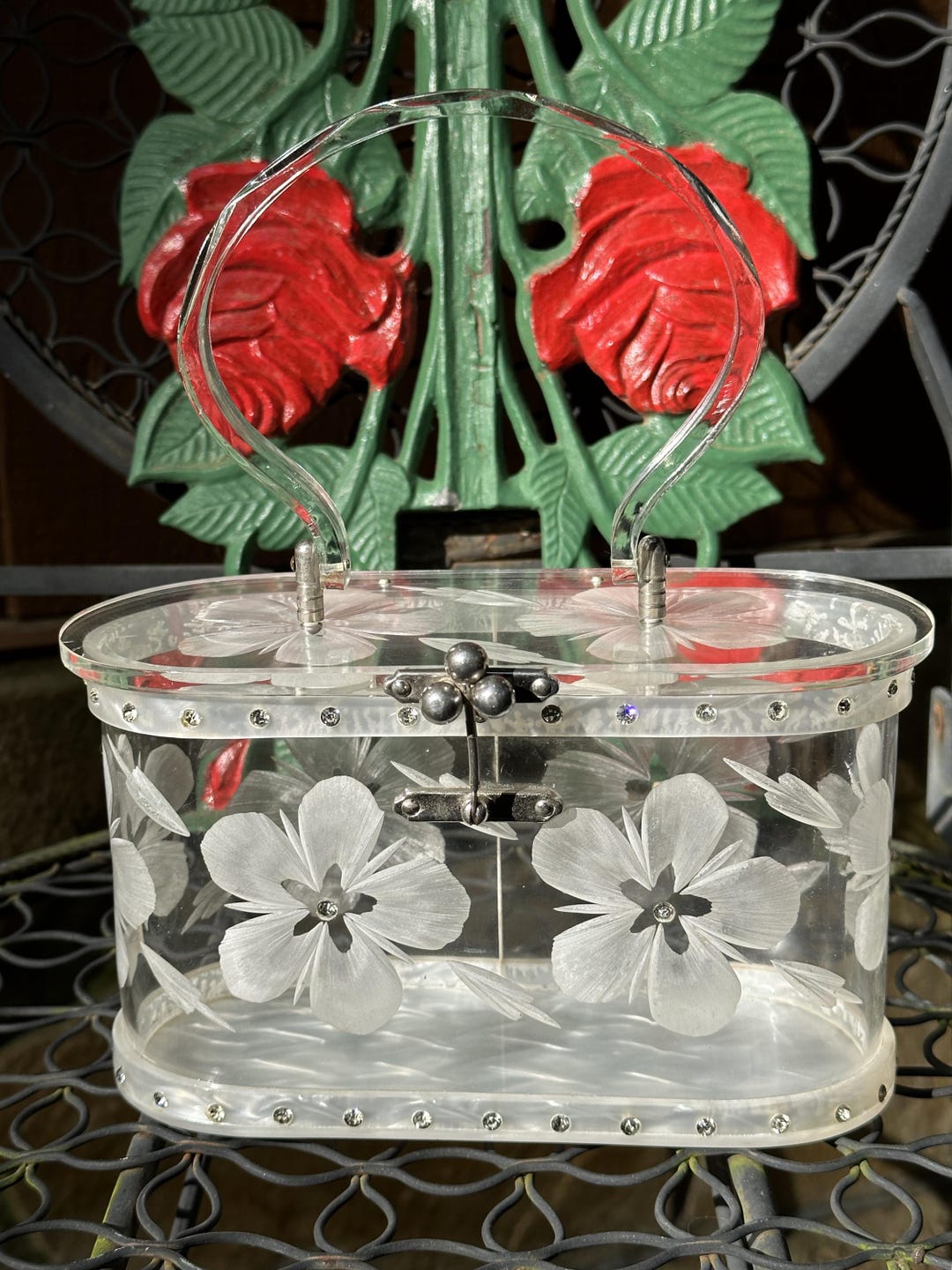 RARE LUCITE Handbag/lucite Purses/lucite Bags/flower Lucite Purses/50's Handbags/rhinestone ...