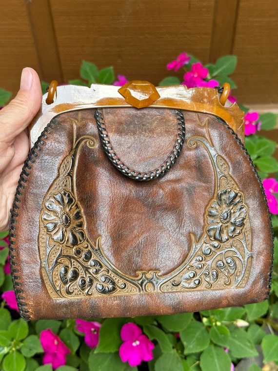 RARE ANTIQUE 1910's HANDBAG/Antique Leather Bag/Art N… - Gem