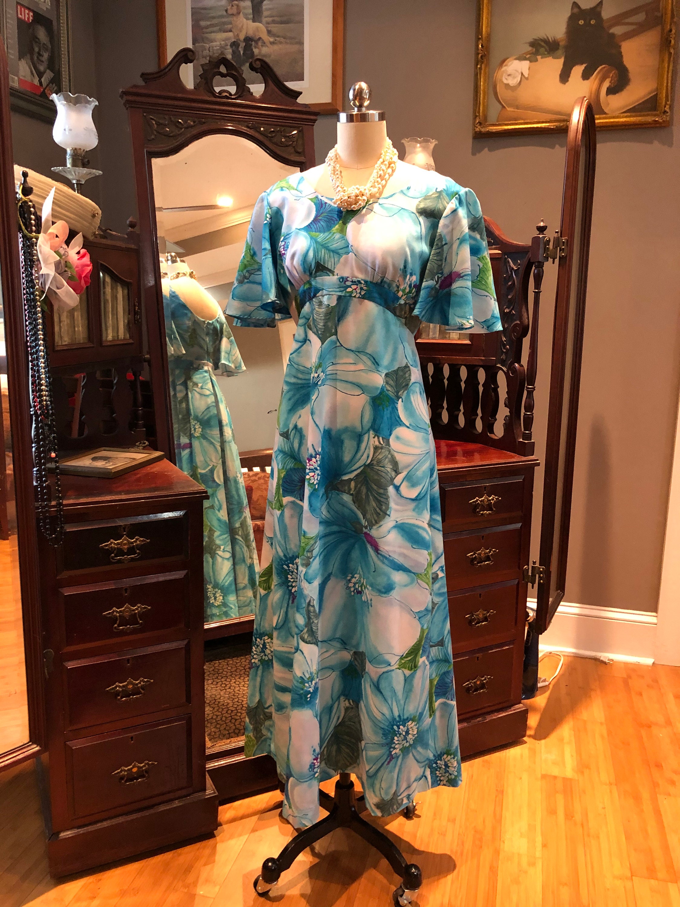 70's Tori Richard Turquoise FLORAL Dress/vintage Floral 70's Tori Richard Turquoise FLORAL Dress/vintage Floral