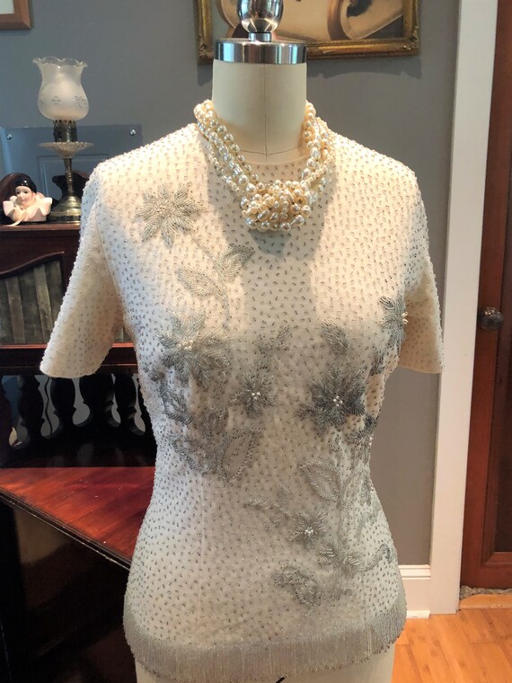 RARE 60's Hand Finished Beaded Top/Floral Beaded Top/… - Gem