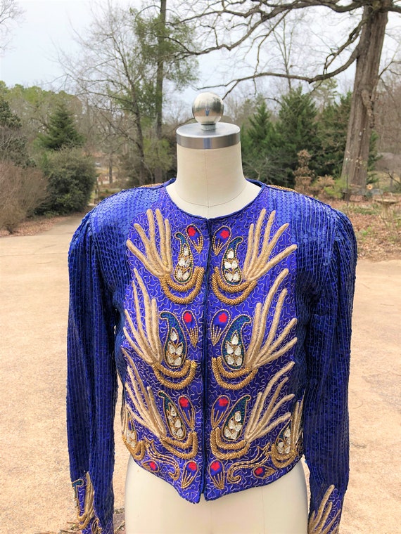 80's ROYAL Blue BEADED Jacket/80's Sequin Jackets/Seq… - Gem