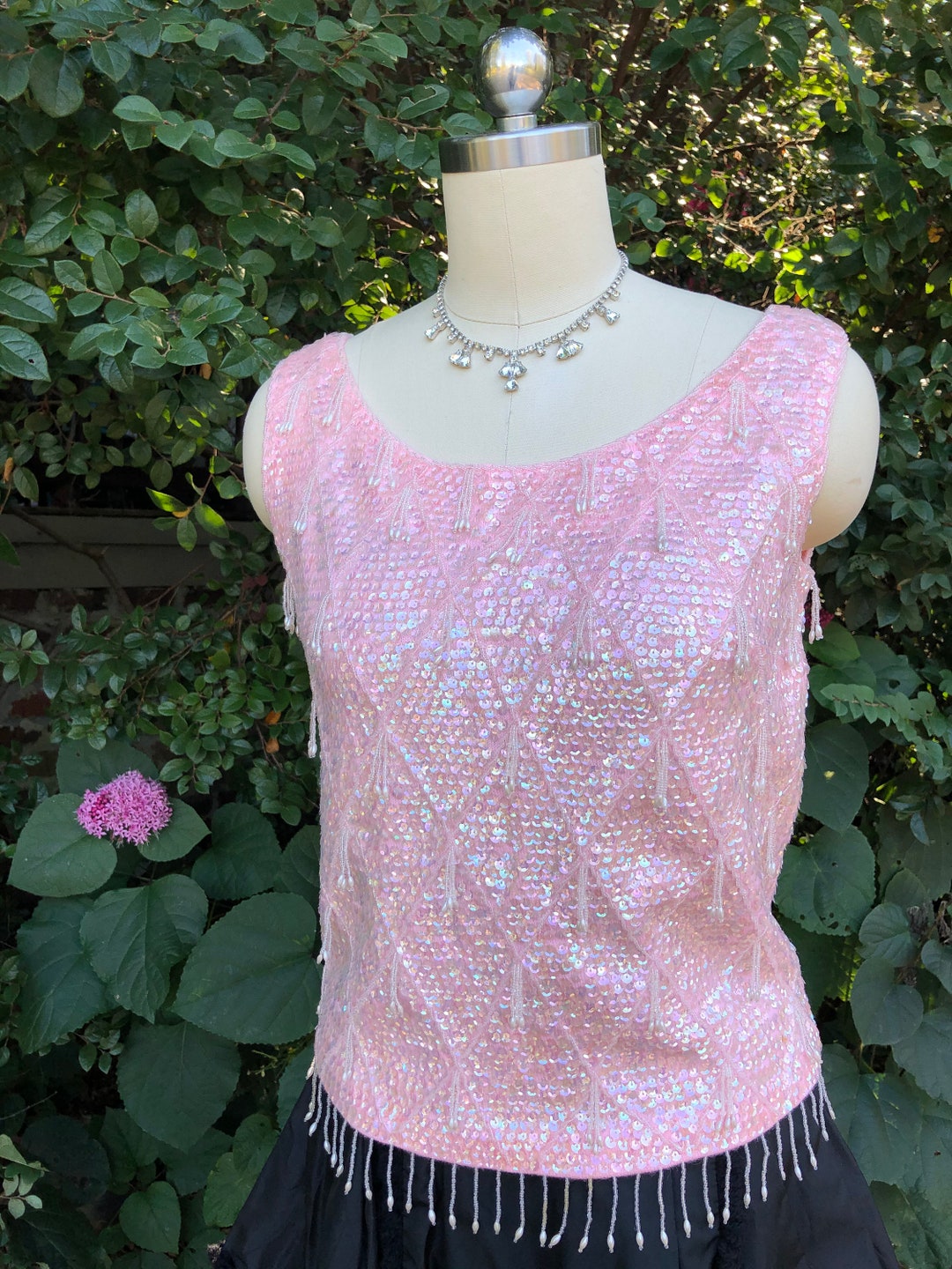 50's PINK BEADED Tops/sleeveless Beaded Tops/pink Tops/sleeveless Pink ...