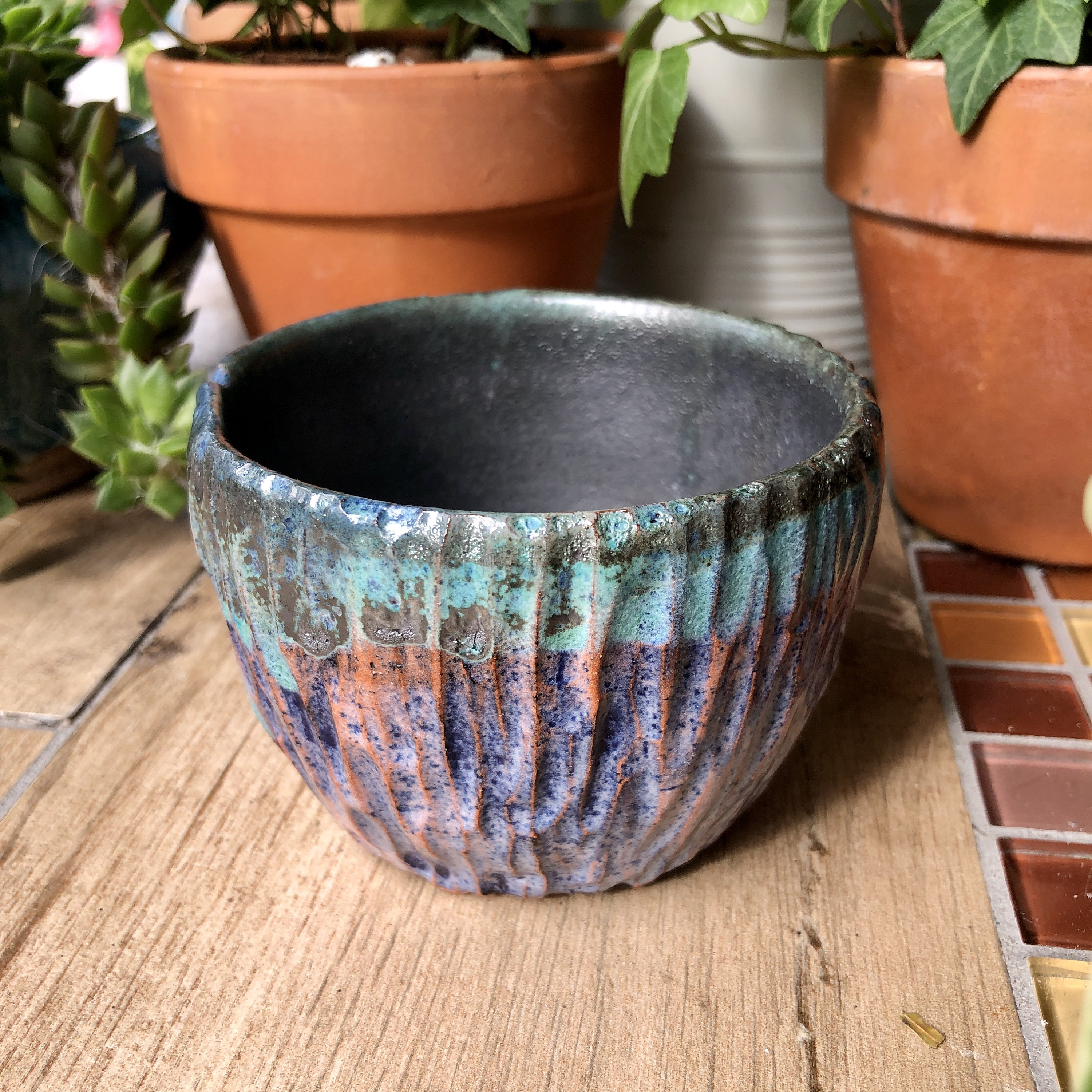 Wood Texture Ceramic Planter in Blue - Etsy