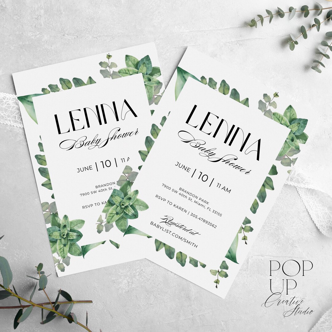 Minimalist Greenery Baby Shower Invitation: Eucalyptus & Succulents ...