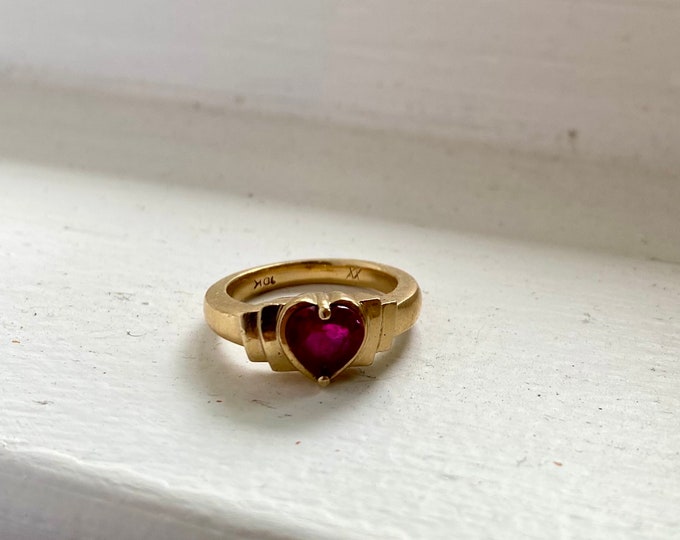Art Deco Gold & Ruby Heart Ring | Handmade Chunky 10K Gold and Ruby ...
