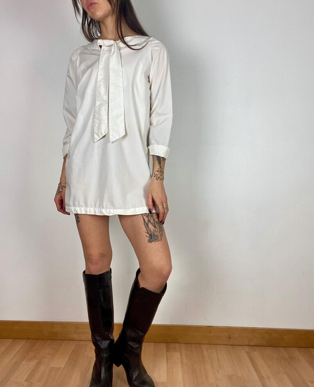 White Cotton Micro Mini Dress 90s White Cotton Tie Neck Mini Dress 60s ...