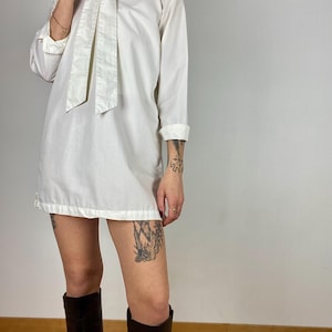 White Cotton Micro Mini Dress 90s White Cotton Tie Neck Mini Dress 60s ...