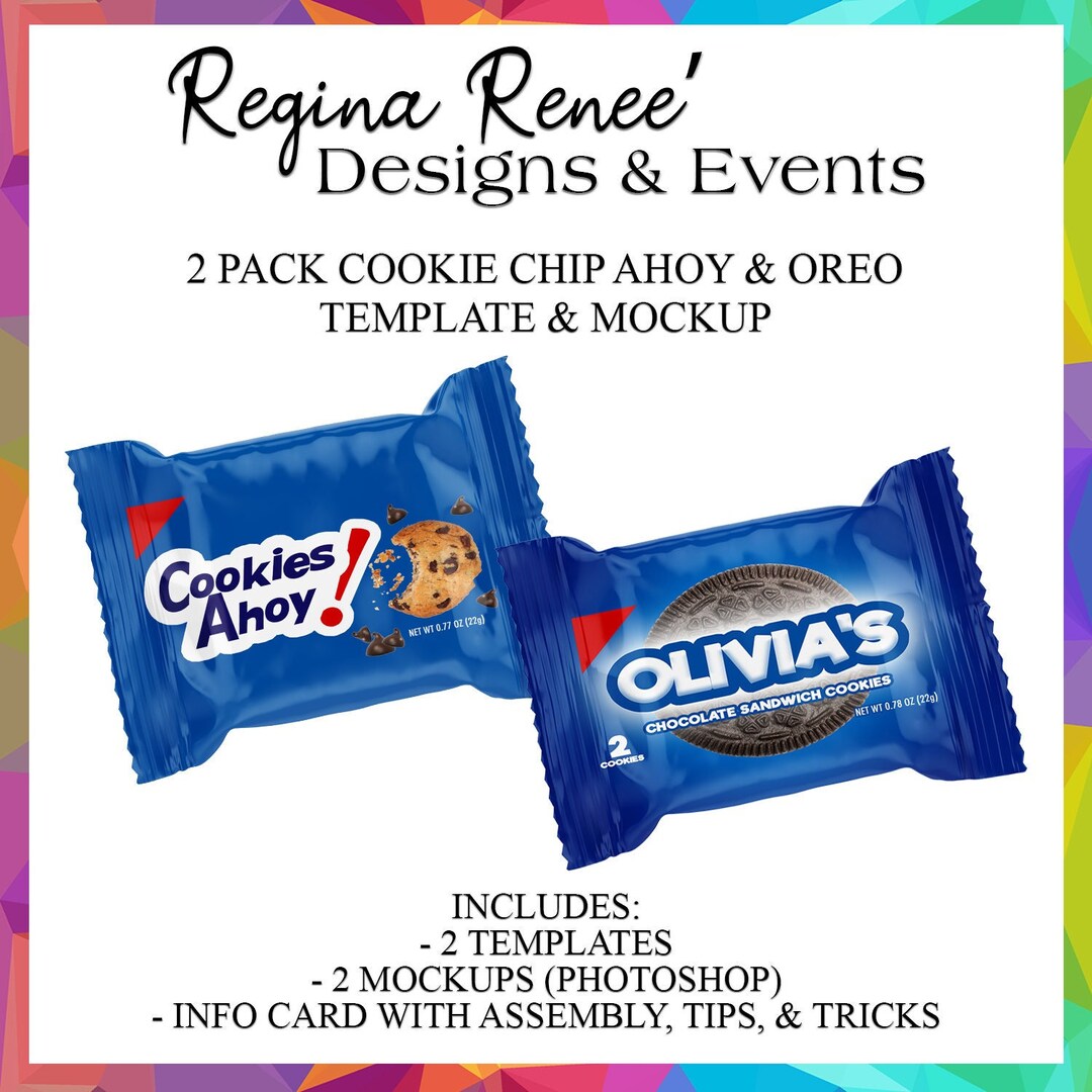 2 Pack Cookies Template & Mockup Chocolate Chip Cookie Party Favors ...