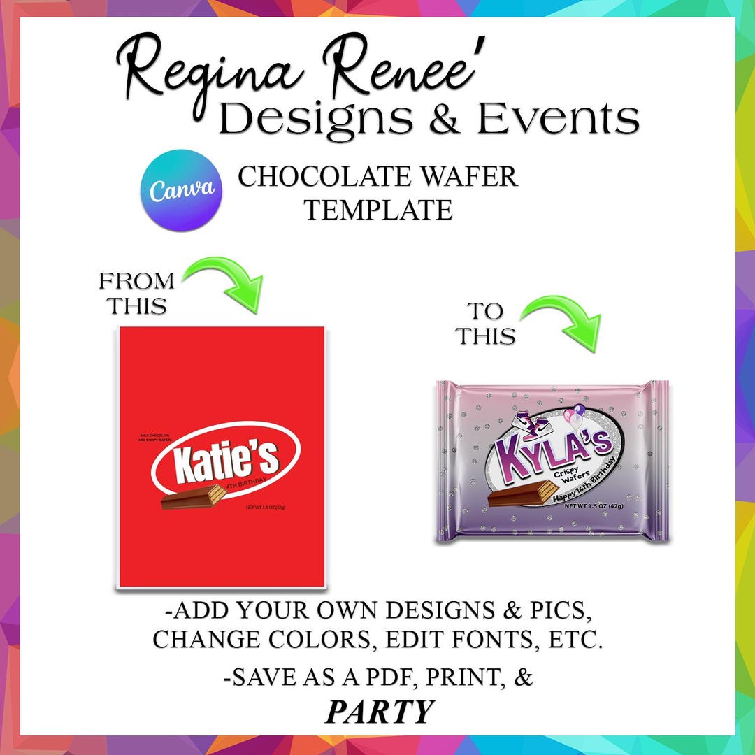 Canva Chocolate Wafer Template | Canva Party Favor Template | Party ...