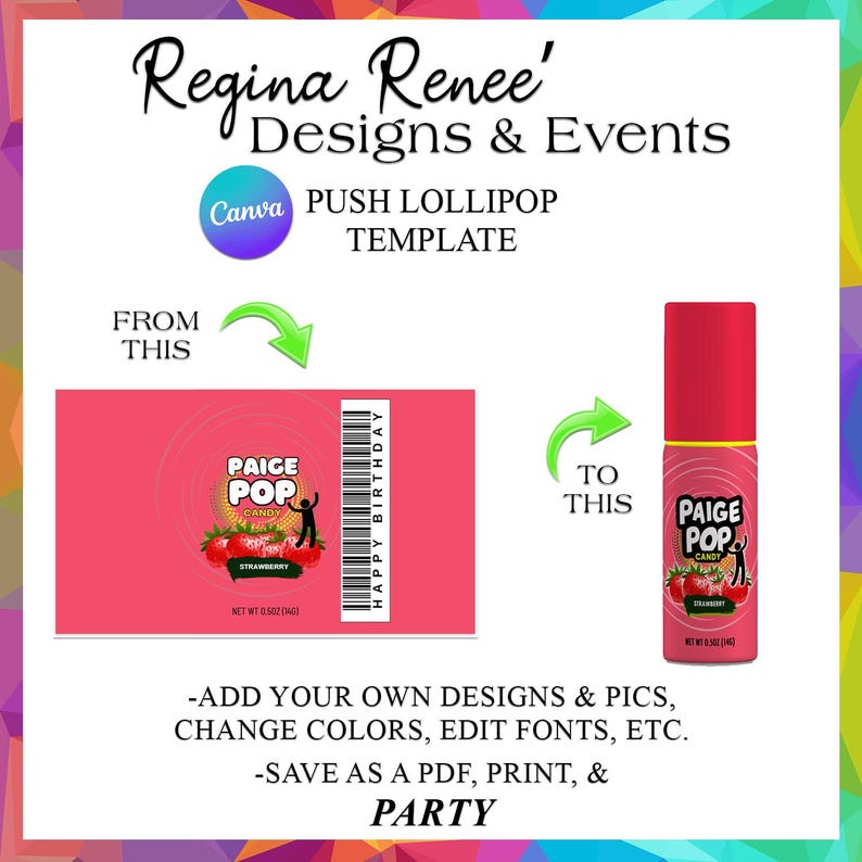 Canva Push Lollipop Candy Template | Lollipop Candy Party Favors ...