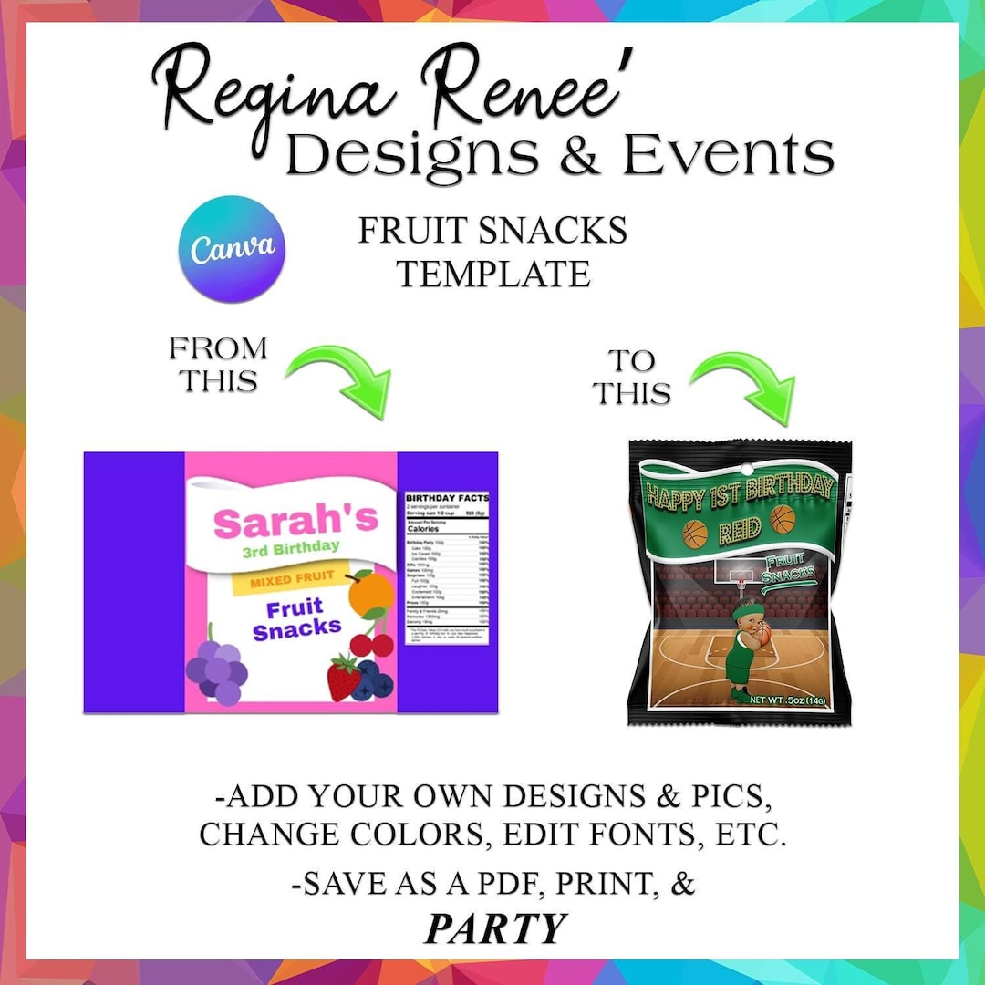 Canva Fruit Snacks Template | Fruit Snacks | Fruit Snack Party Favors ...