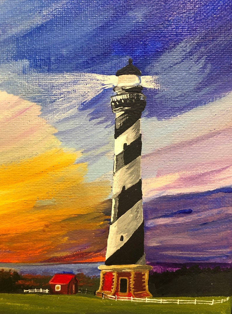 Original Acrylic Painting of A Lighthouse Ocean and Sunset on an 8x10 ...