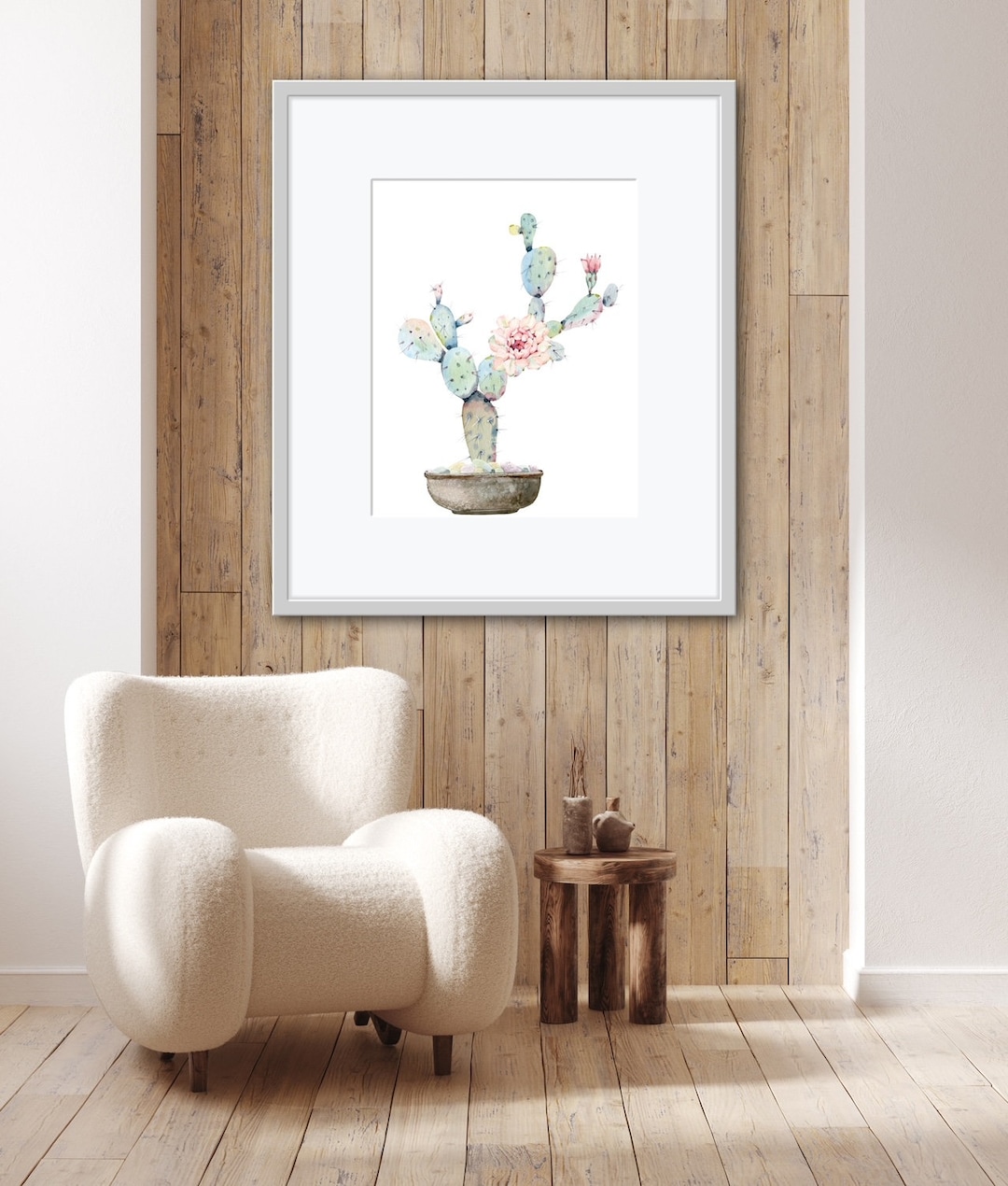 Watercolor Prickly Pear Cactus in Bloom With Soft Pink Flowers, in a ...