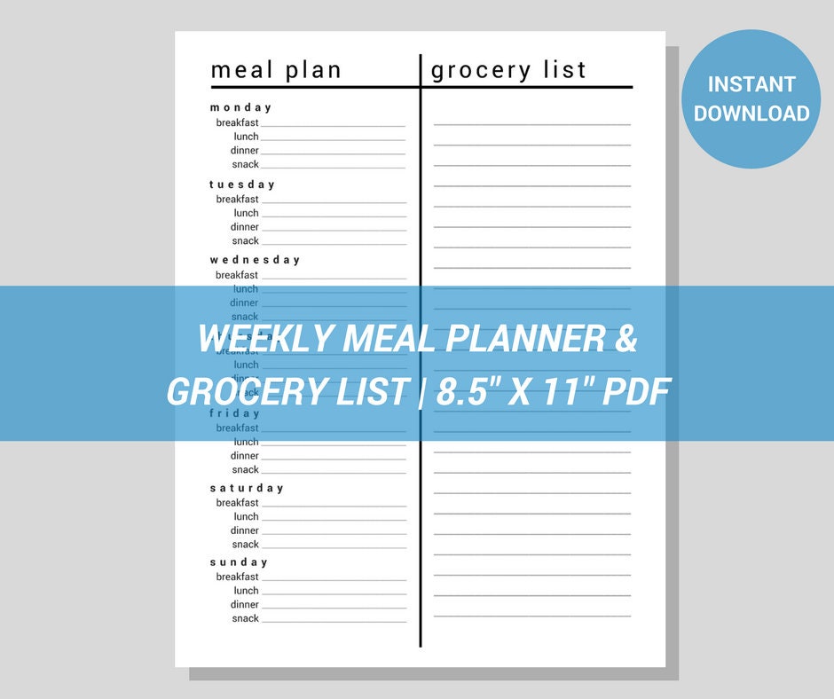 Weekly Meal Planner Grocery List Modern Minimalist Printable PDF ...