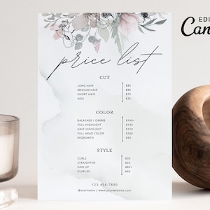 Watercolor Price List Canva Template, Printable Price List, Editable ...
