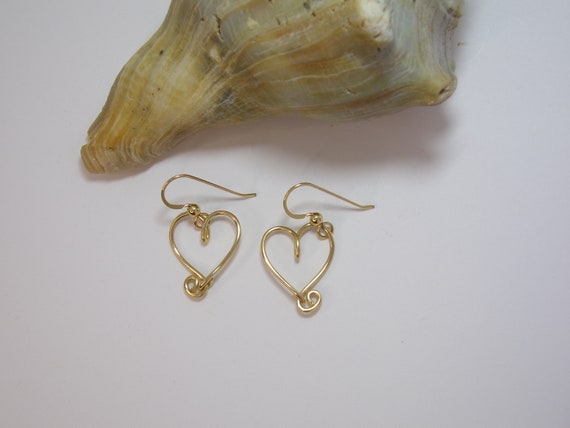 Gold Heart Earrings Small Dangle Earrings Heart Dangles Handmade Earrings Etsy