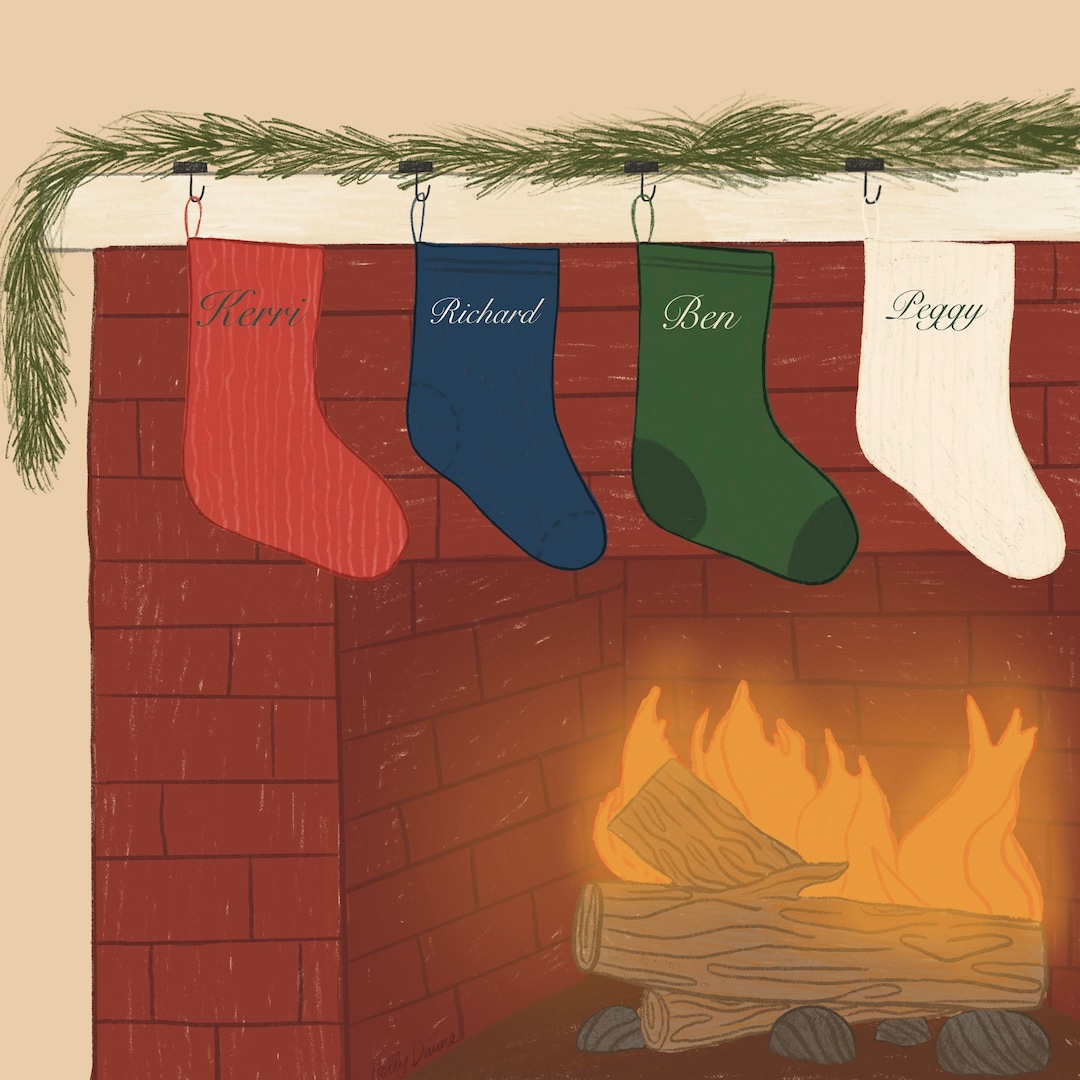 Custom Family Christmas Art, Fireplace Stockings Portrait, Christmas ...